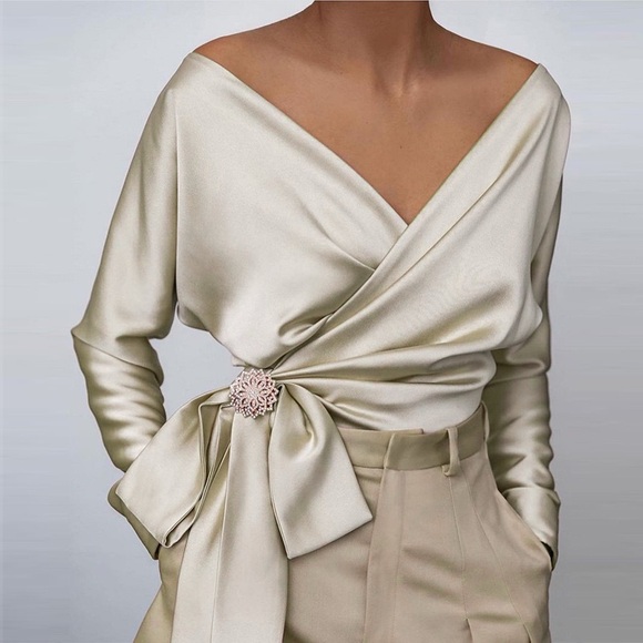 Passion of Essence | Tops | Champagne Satin Wrap Blouse With Bow Detail ...